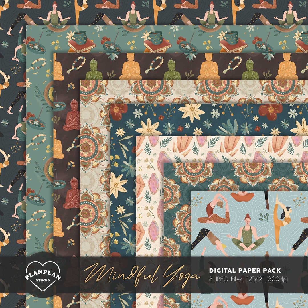 Mindful Yoga Digital Paper, Yoga Pose Digital Paper, Wellness Pattern ...