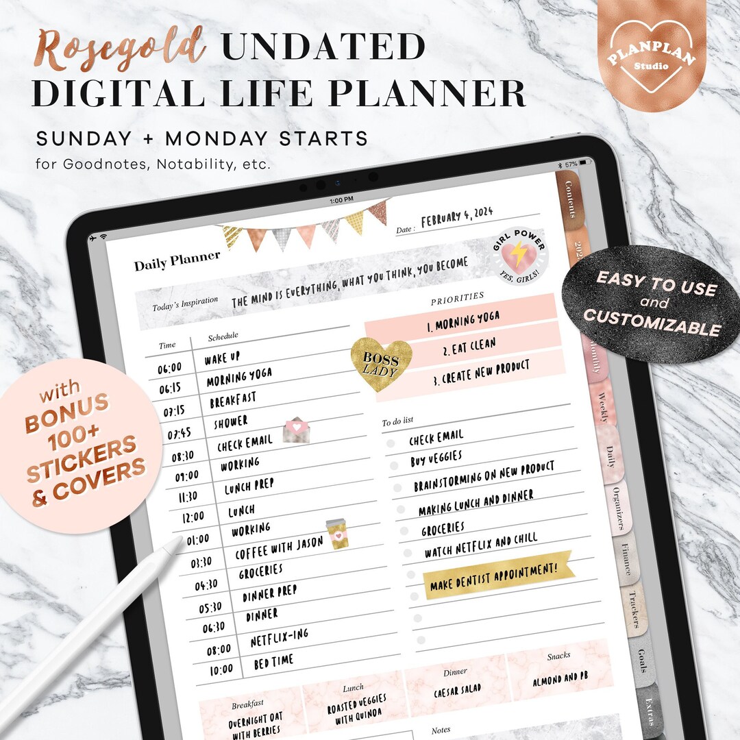 Digital Life Planner, Goodnotes Planner Undated, Rosegold Marble ...