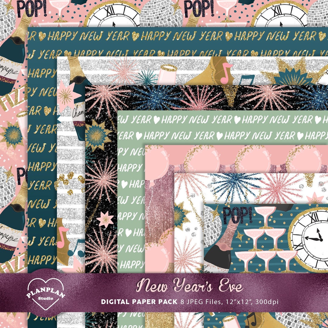 New Year Digital Paper, Hand Drawn Glittery New Year Illustration ...