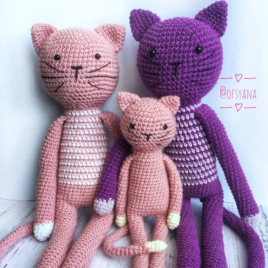 Pink Cat Crochet Long Legs Family Birthday Soft Toy Amigurumi Stuffed ...