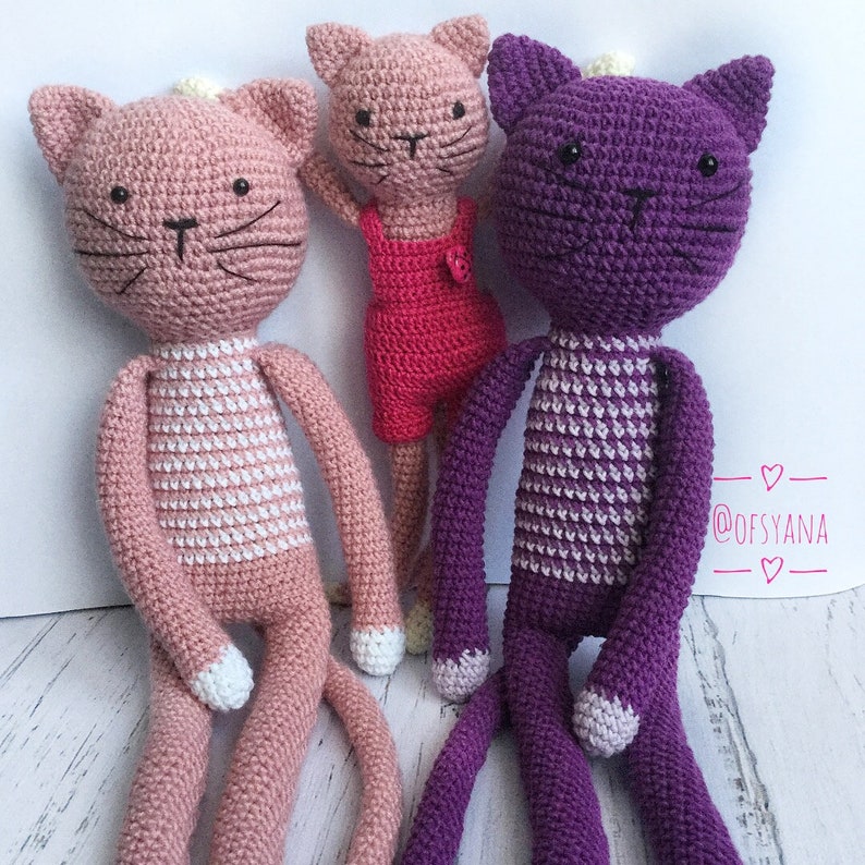 Pink Cat Crochet Long Legs Family Birthday Soft Toy Amigurumi Stuffed ...