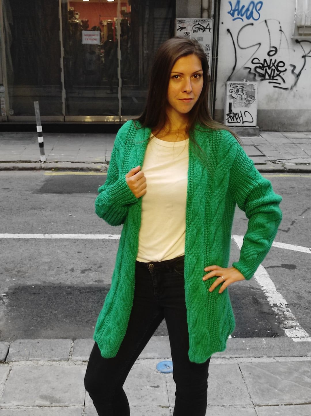 Knitted Green Cardigan Plus Size Sweater Sleeves Hand Knitted Sweater ...