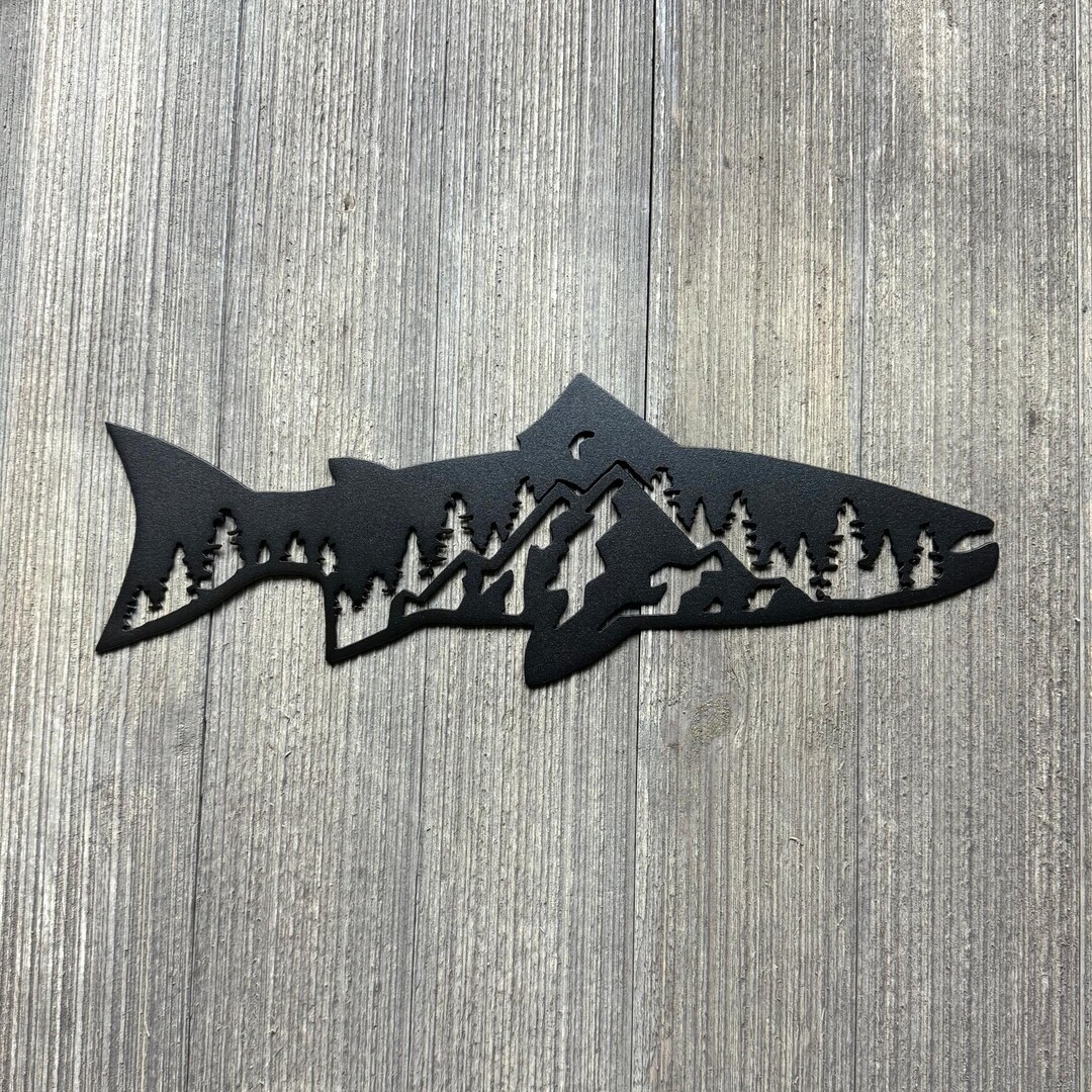 Metal Fish Shape Sign With Mountain Scene – Rustic Nature Decor ...