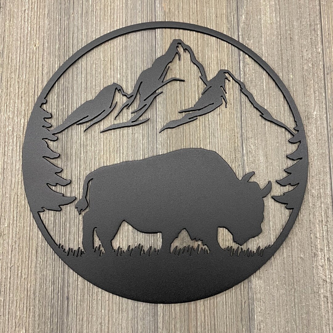 Rustic Buffalo Scene Metal Sign Cutout - Bison on the Prairie With ...