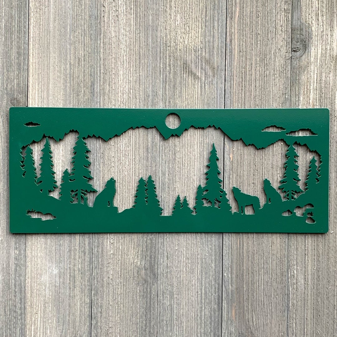 Scenic Wolf Metal Sign Cutout - Mountain and Wolves Powder Coated Metal ...