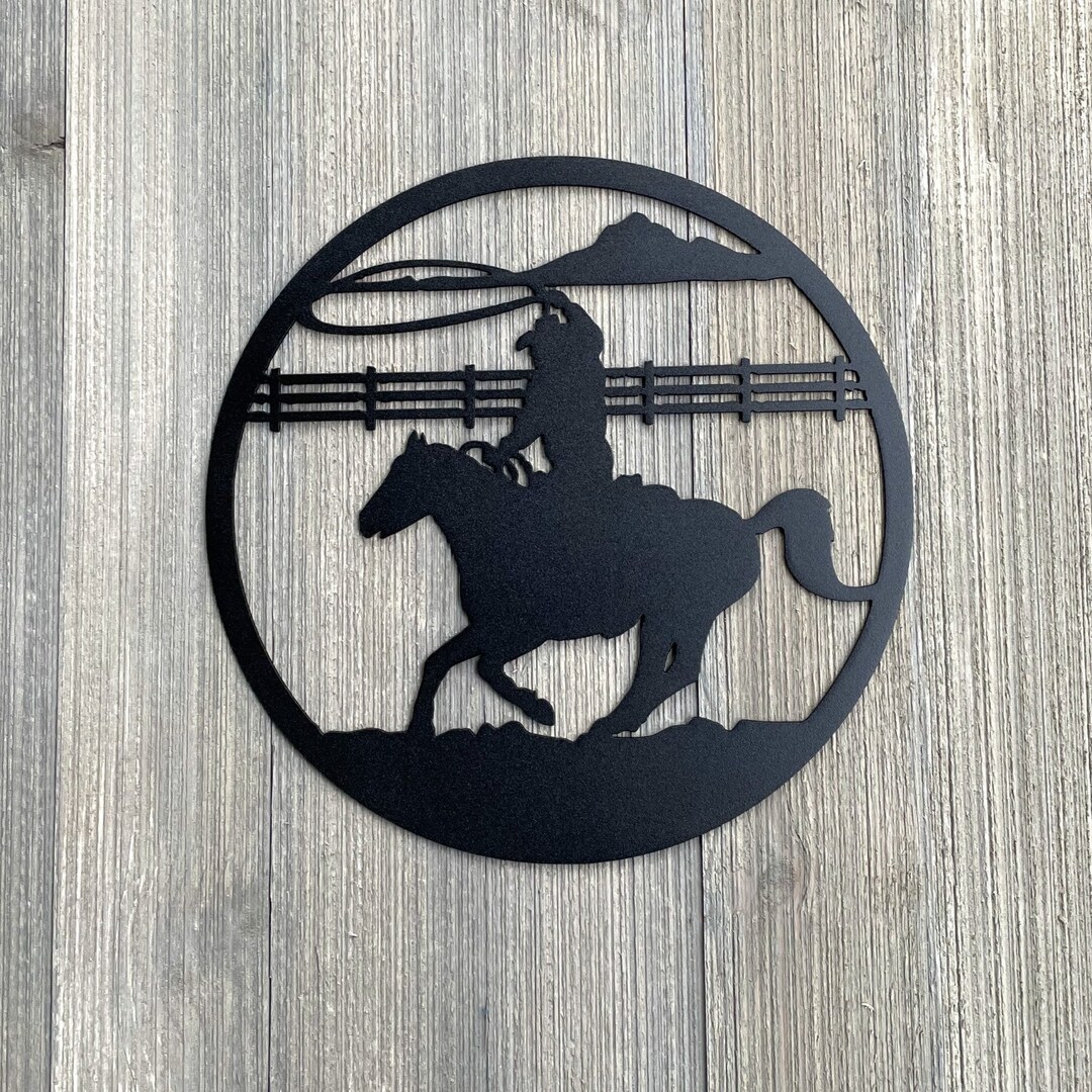 Cowboy Metal Sign Cutout - Classic Cowboy Riding Horse and Swinging ...