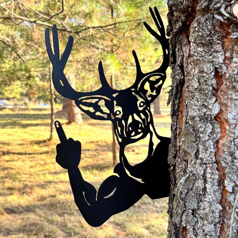 Peeking Deer Metal Silhouette With Middle Finger | Funny Buck Yard Art ...