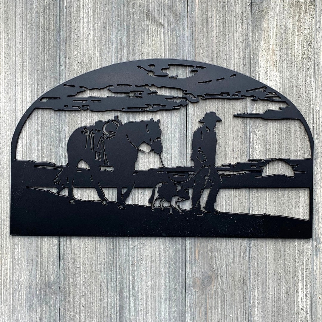 Cowboy Scene Metal Sign Cutout - Lone Cowboy Walking Into Sunset With ...