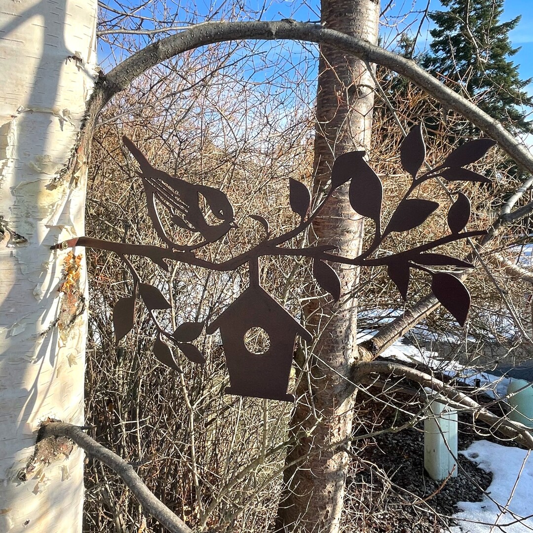 Bird Tree Stake Metal Sign Cutout - Bird on Tree Branch With Bird House ...