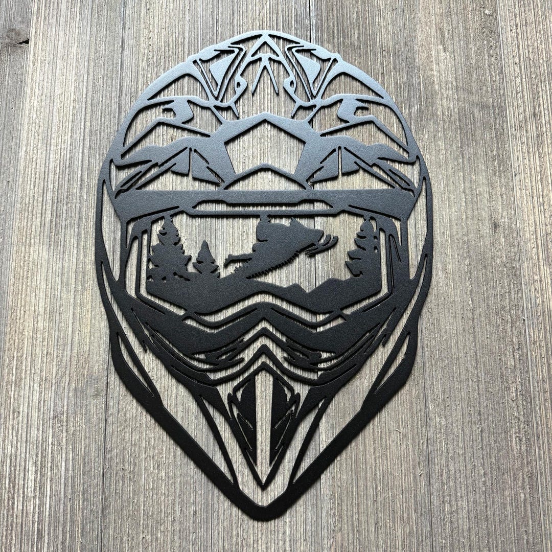Snowmobile Helmet Metal Sign Cutout - Snowmobiling Scene in Goggles ...