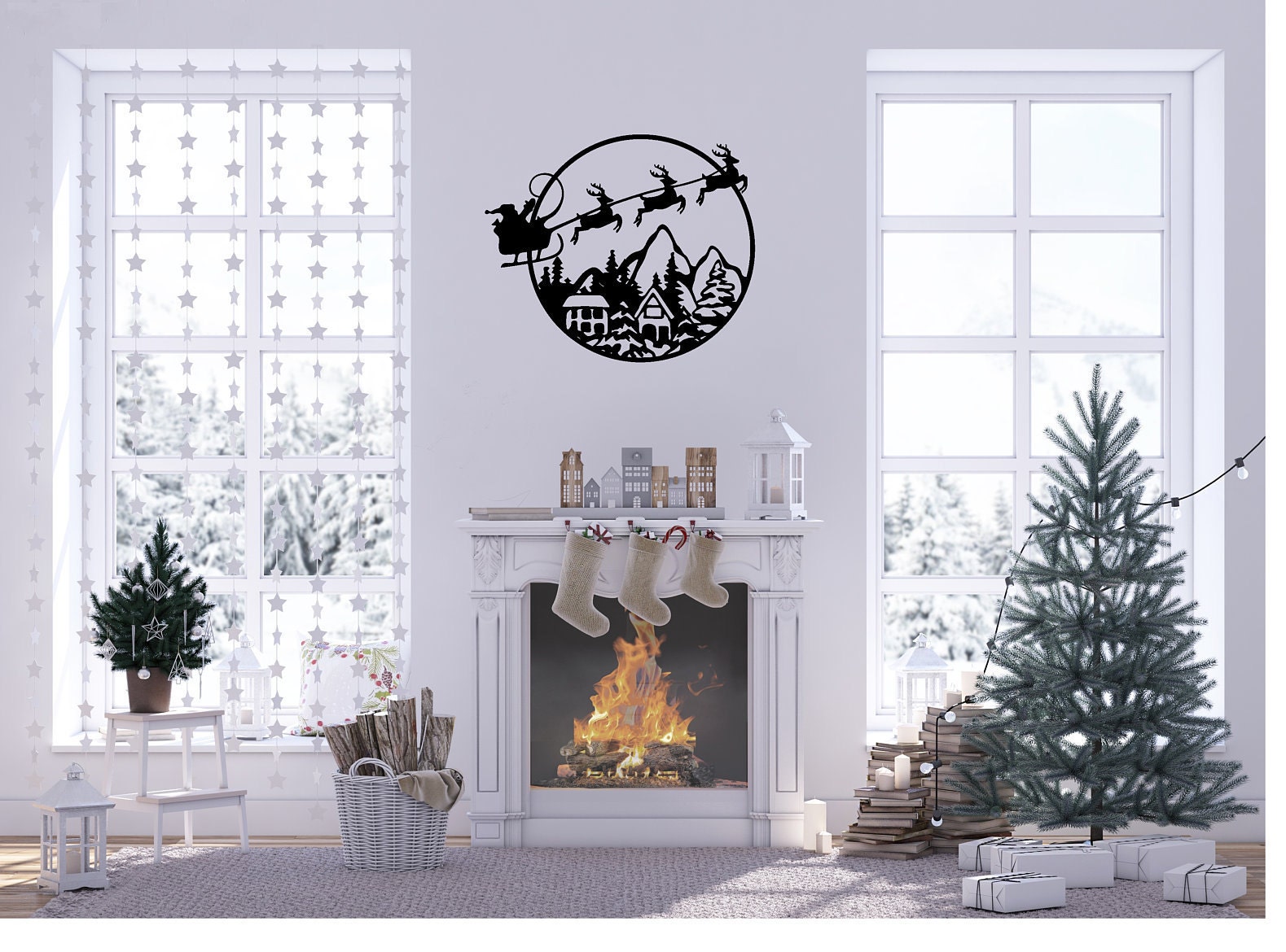 Santa Christmas Scene Metal Sign Cutout - Santa & His Sleigh Fly Over ...