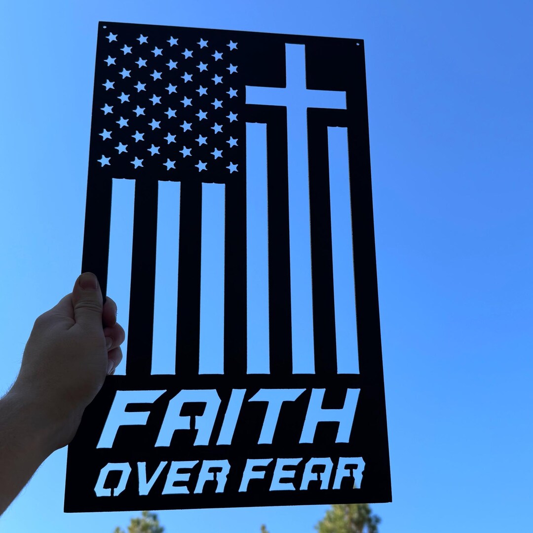 Faith Over Fear Metal Sign | Christian Wall Decor | Cross Flag Metal ...