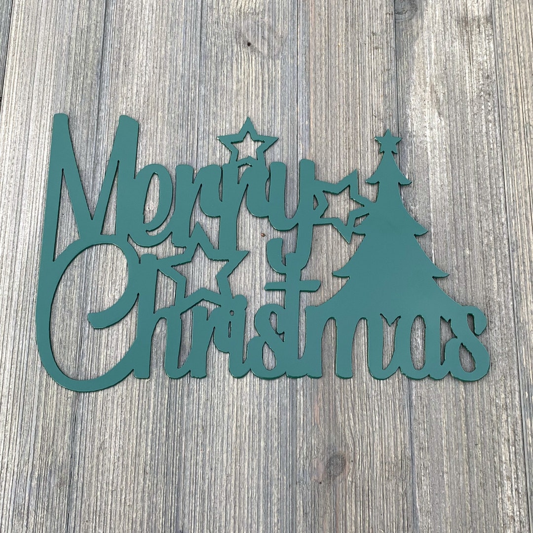 Merry Christmas Metal Sign Cutout - Merry Christmas Tree & Stars Metal Sign - Powder Coated for ...