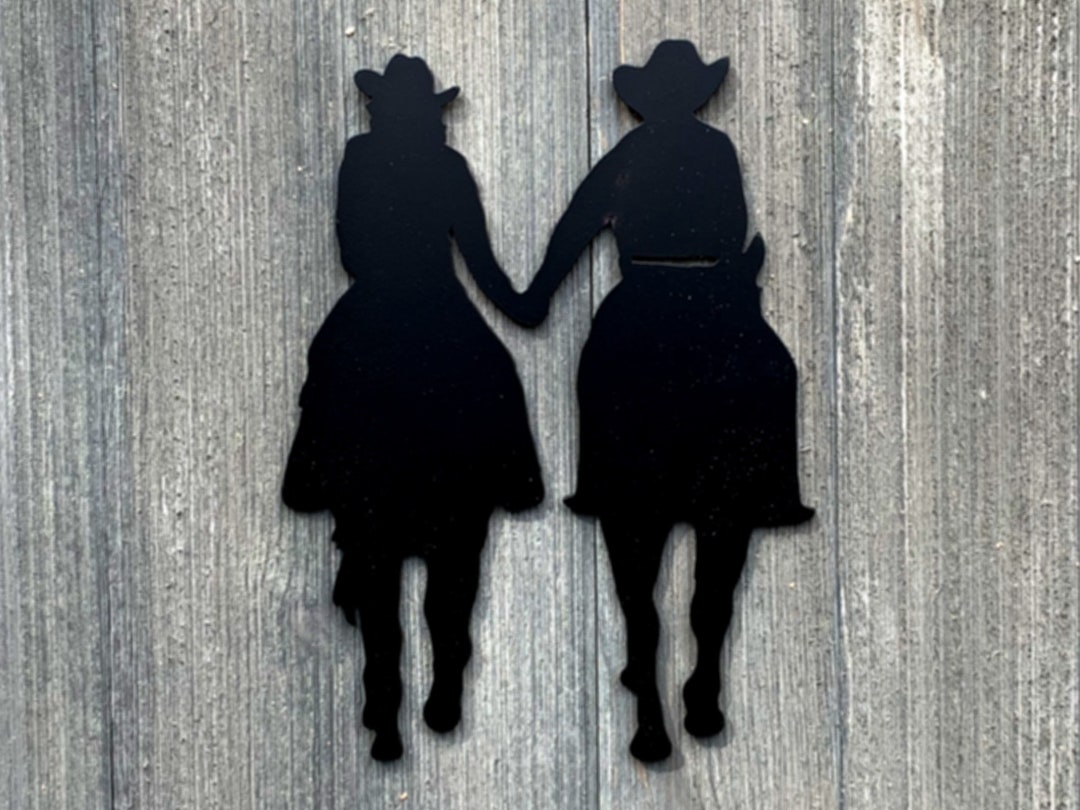 Mounted Couple Metal Sign Cutout - Romantic Cowboy Riding Horse With ...