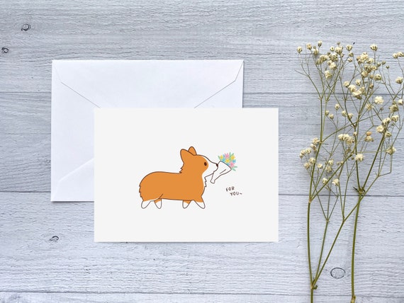 Corgi With Flower Bouquet Greeting Card Folded Blank Card - Etsy