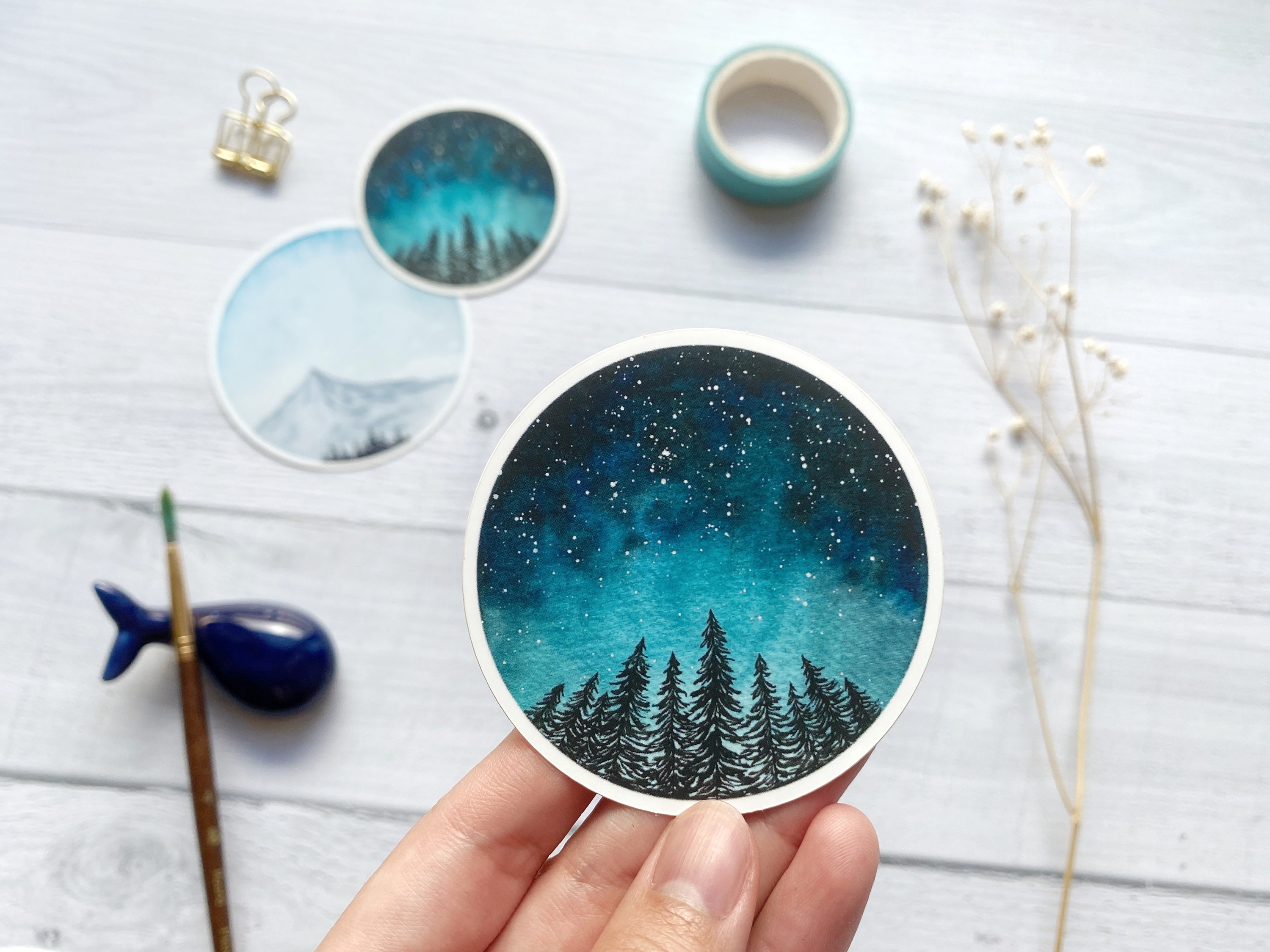 Starry Night Forest Vinyl Sticker Circle Sticker Decal for | Etsy