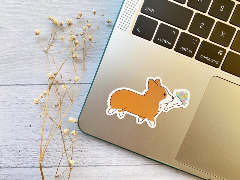 Corgi with Flower Bouquet Vinyl Sticker Decal for Laptop | Etsy