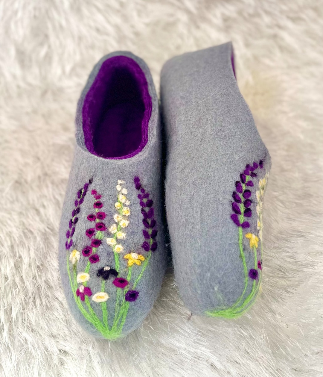 Wollen Natural Felted Slippers With Lavander Design,hause Shoes With ...