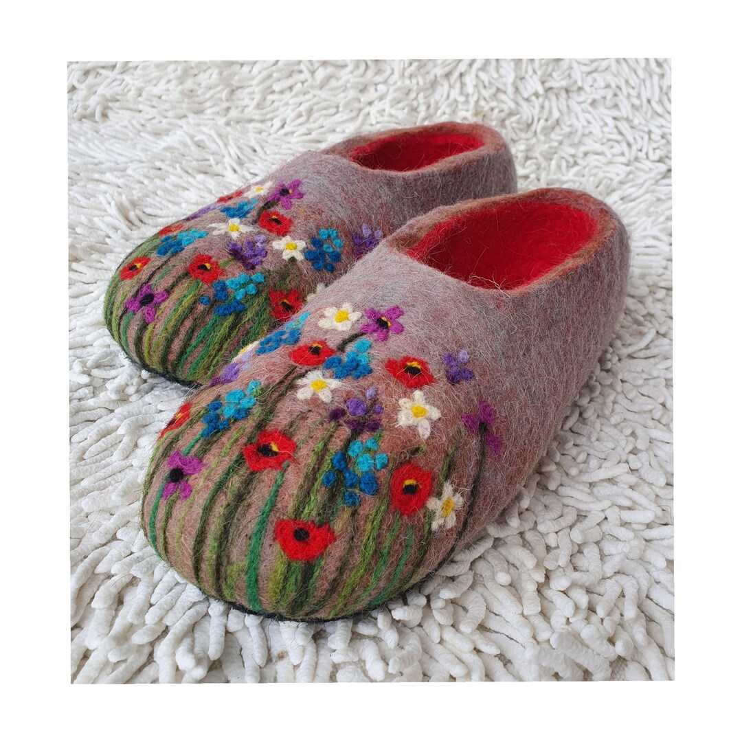 Ecofriendly Natural Felted Slippers With Flowers,house Shoes With ...