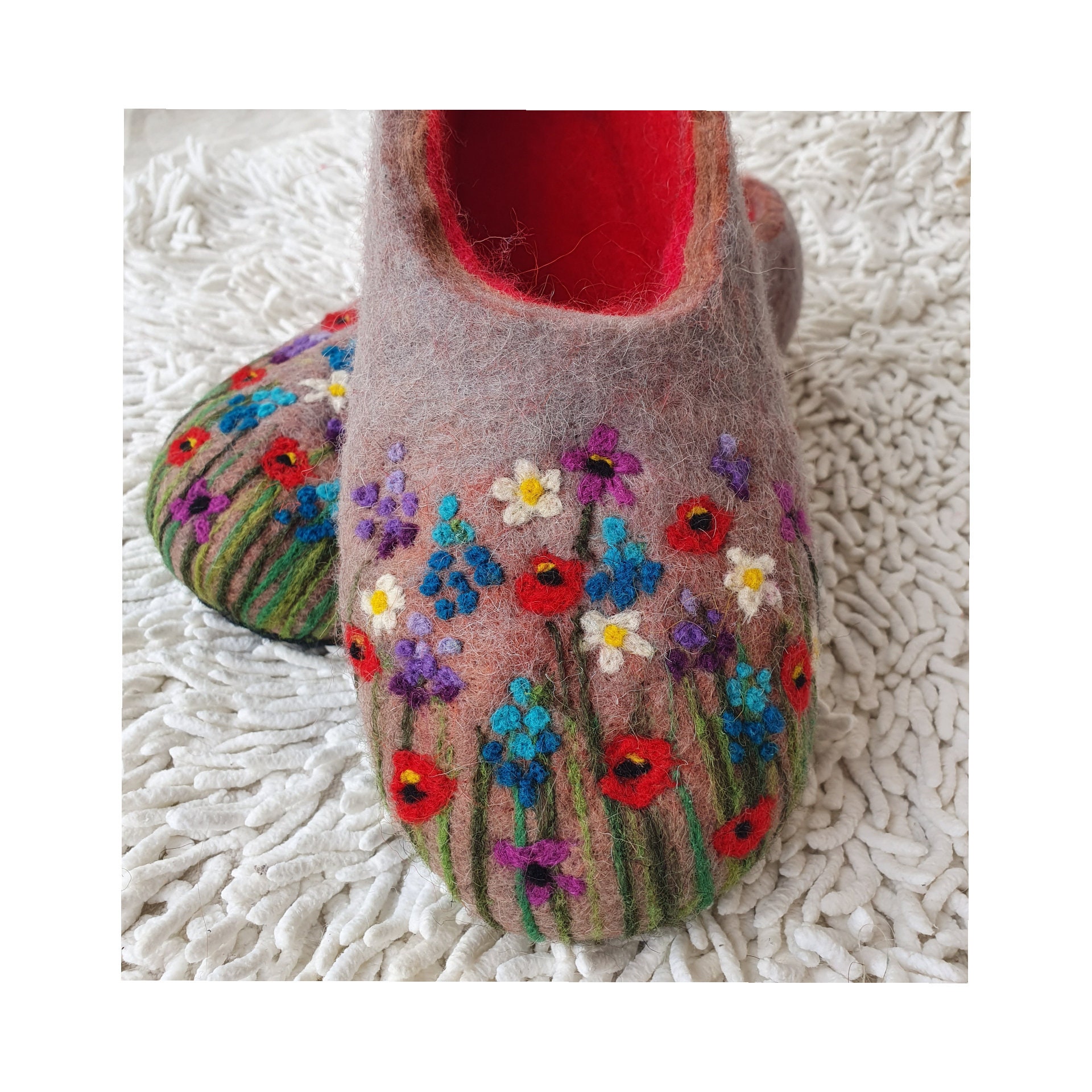 Ecofriendly Natural Felted Slippers With Flowers,house Shoes With ...