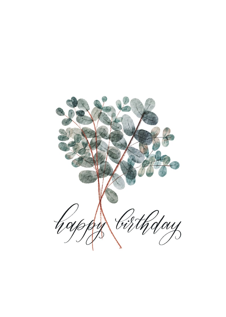 Double-pack Watercolor Eucalyptus Happy Birthday Card | Etsy