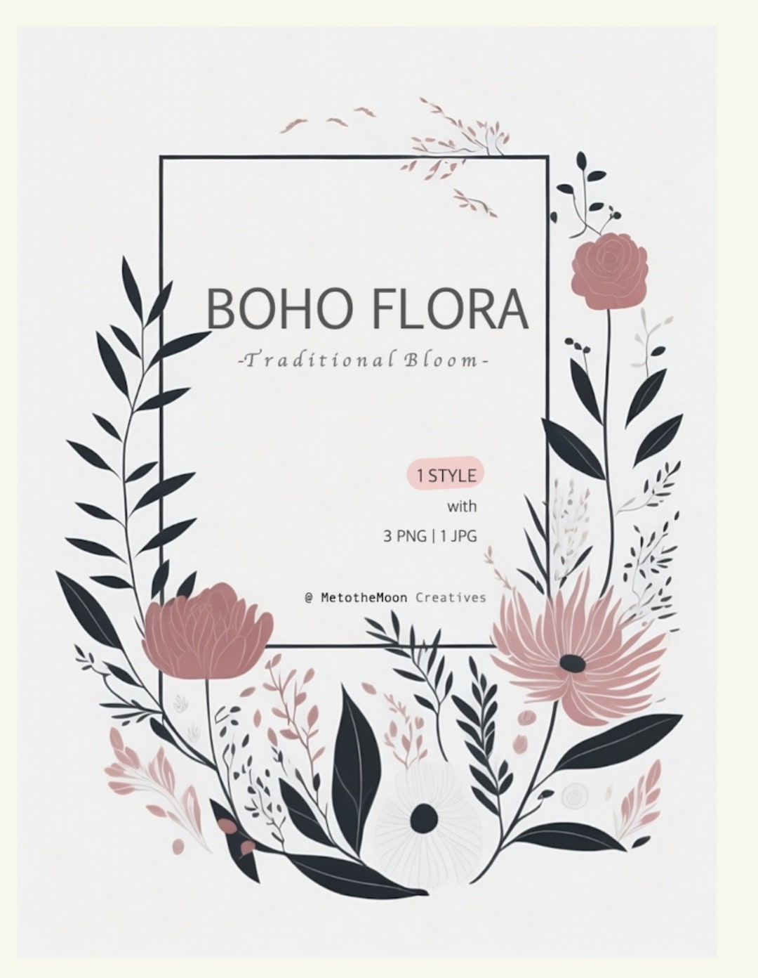 Flora Bohemian Border Clipart,premade Boho Flower Frame,watercolor ...