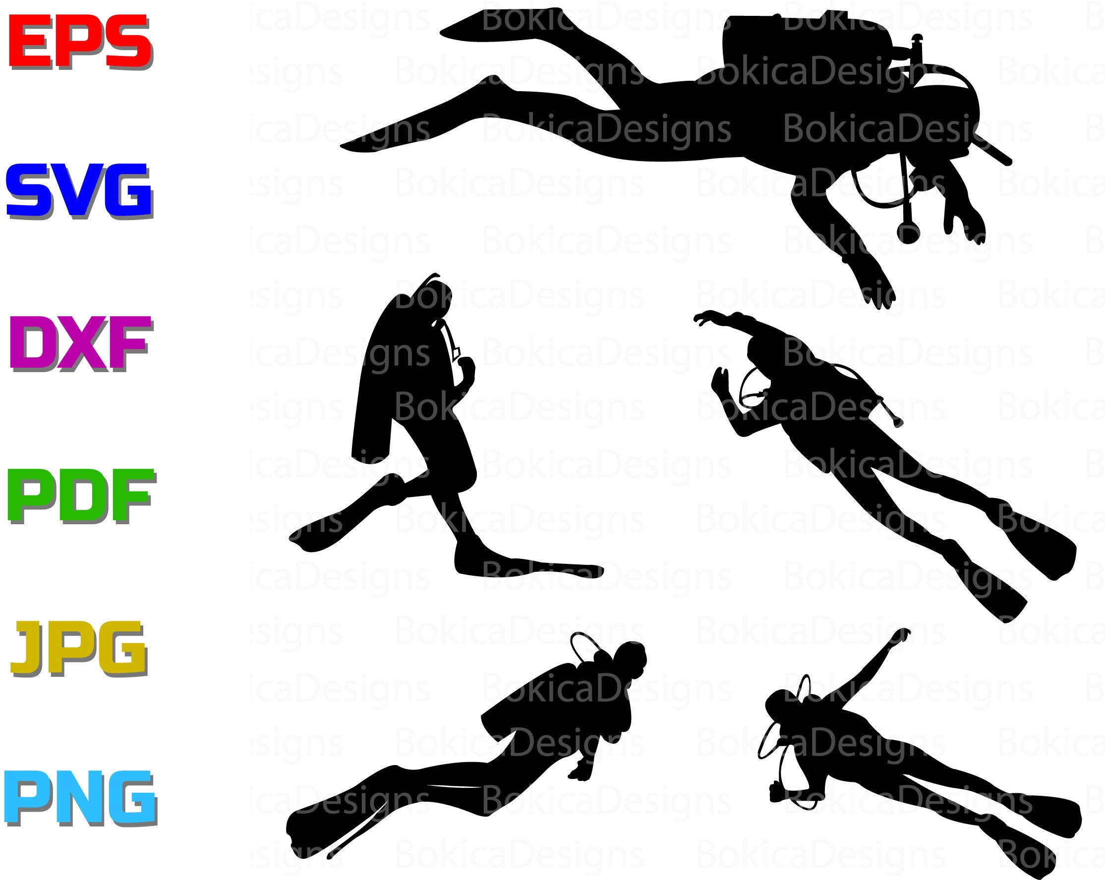 Scuba Divers Silhouettes Svg,eps,dxf,pdf Vector Artwork,printable,easy ...