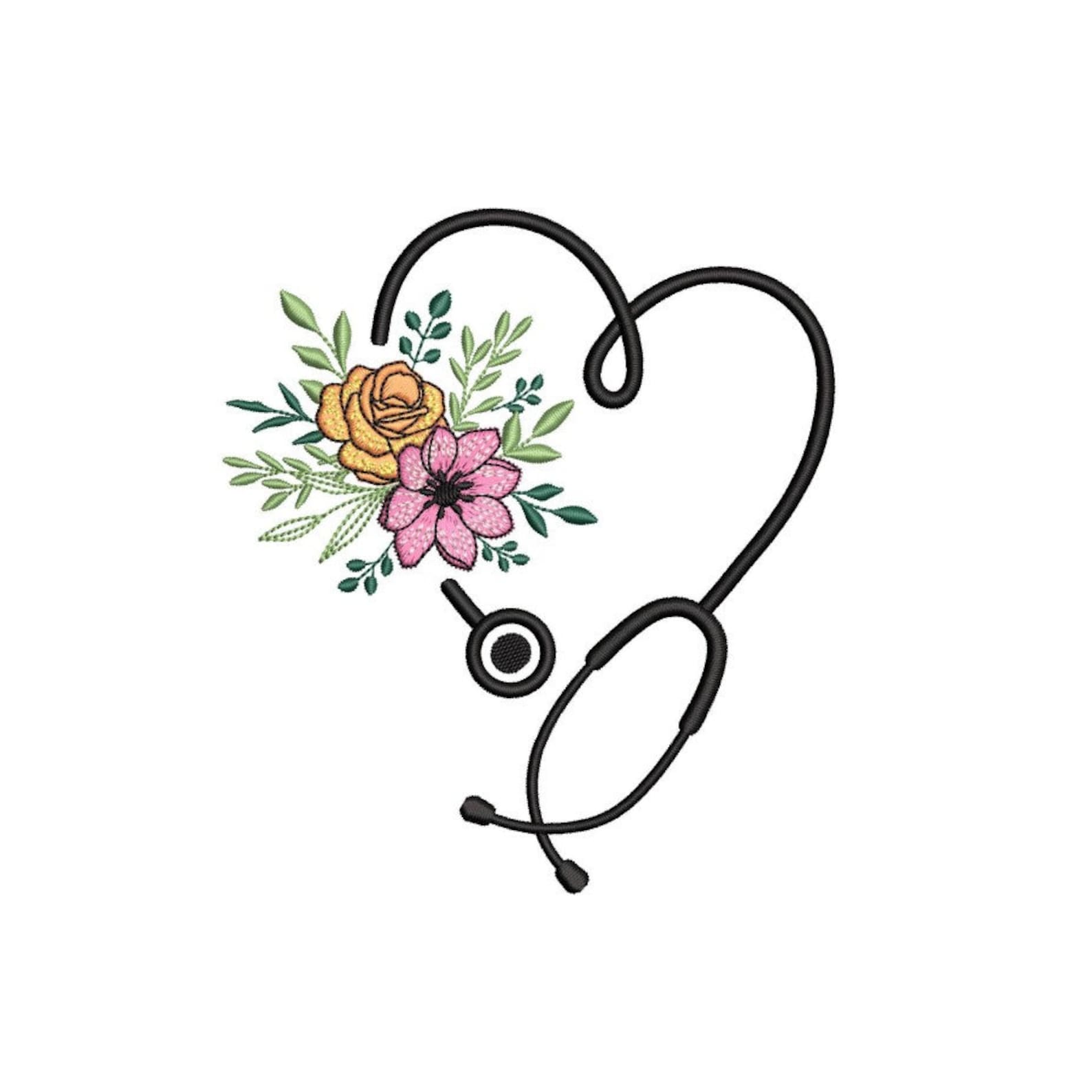 Floral Stethoscope Heart Machine Embroidery Design, Nurse Embroidery ...
