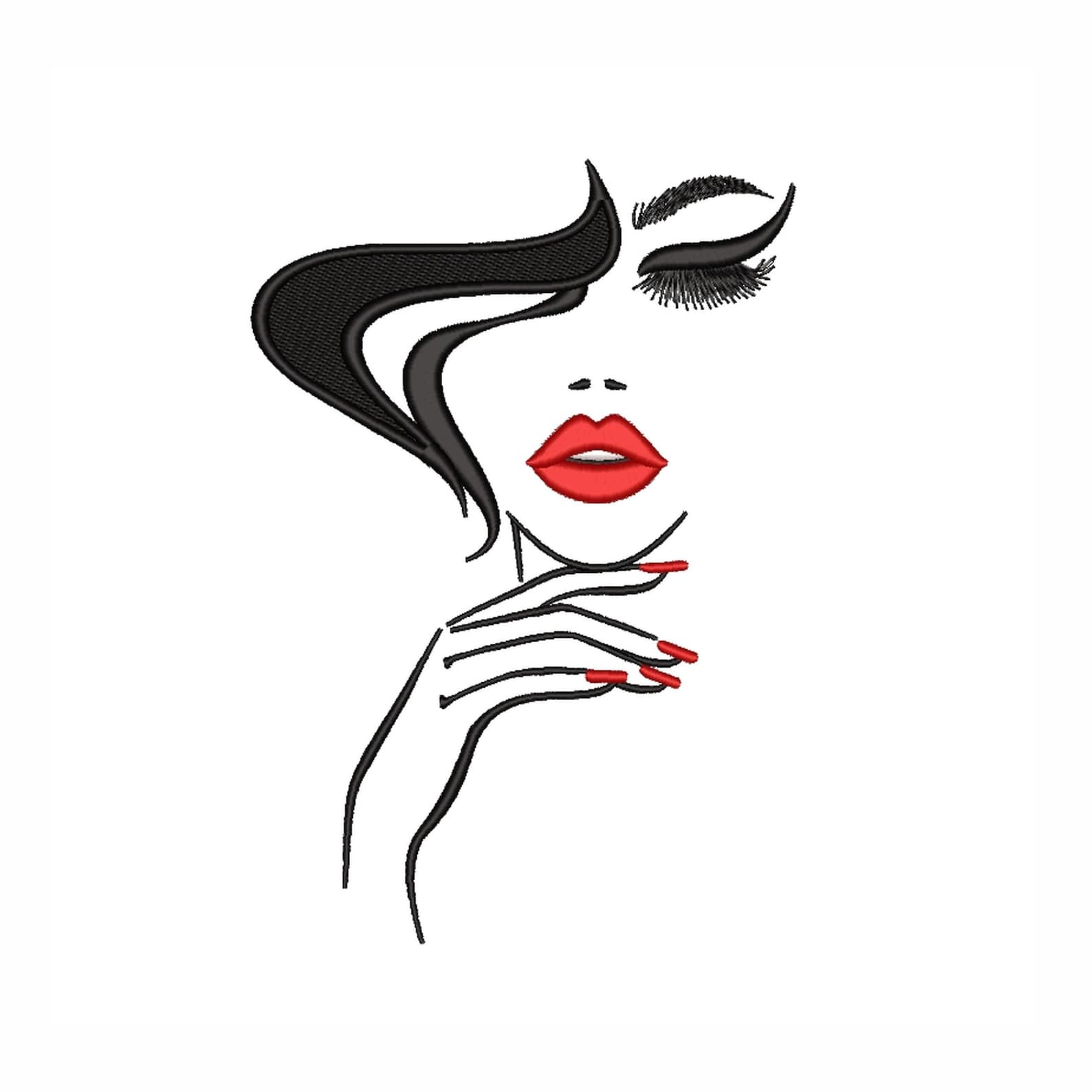 Beautiful Woman Face With Red Lips Embroidery Design, Lush Eyelashes ...