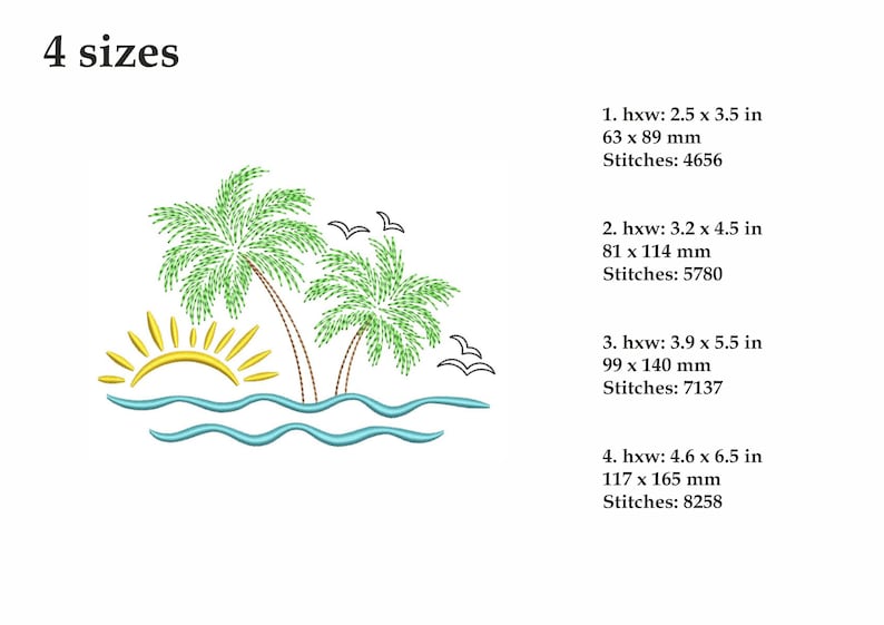 Palm Tree Embroidery Design, Summer Beach Embroidery File, 4 Sizes ...