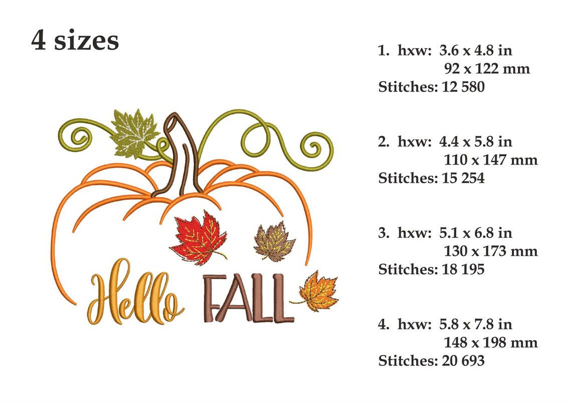 Hello Fall Embroidery Design, Pumpkin Embroidery File, 4 Sizes, Instant ...