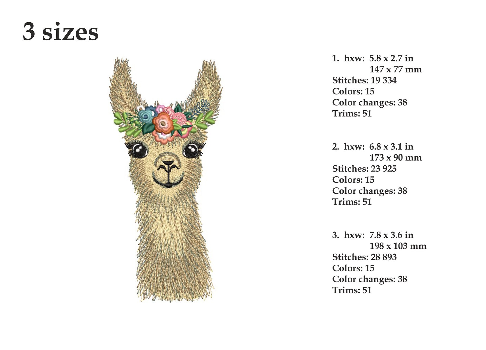 Lama Embroidery Design 3 Sizes Instant Download - Etsy