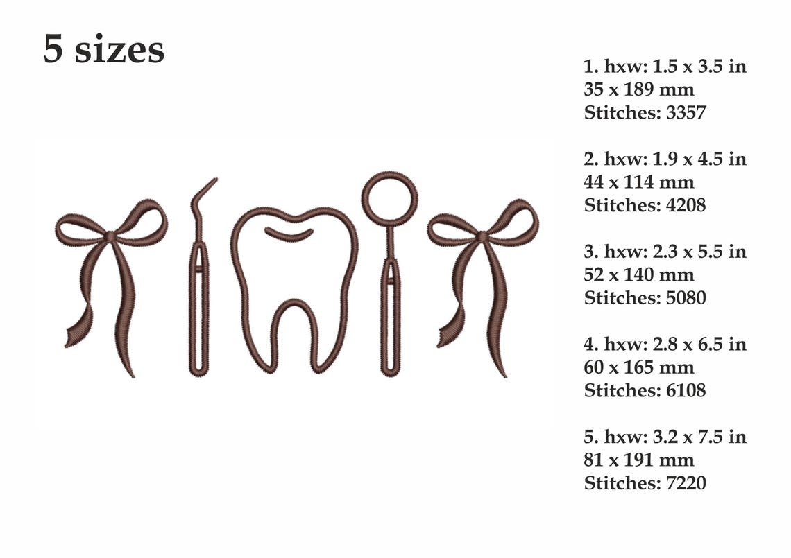 Dental Tooth With Bows and Tools Machine Embroidery Design, 5 Sizes ...