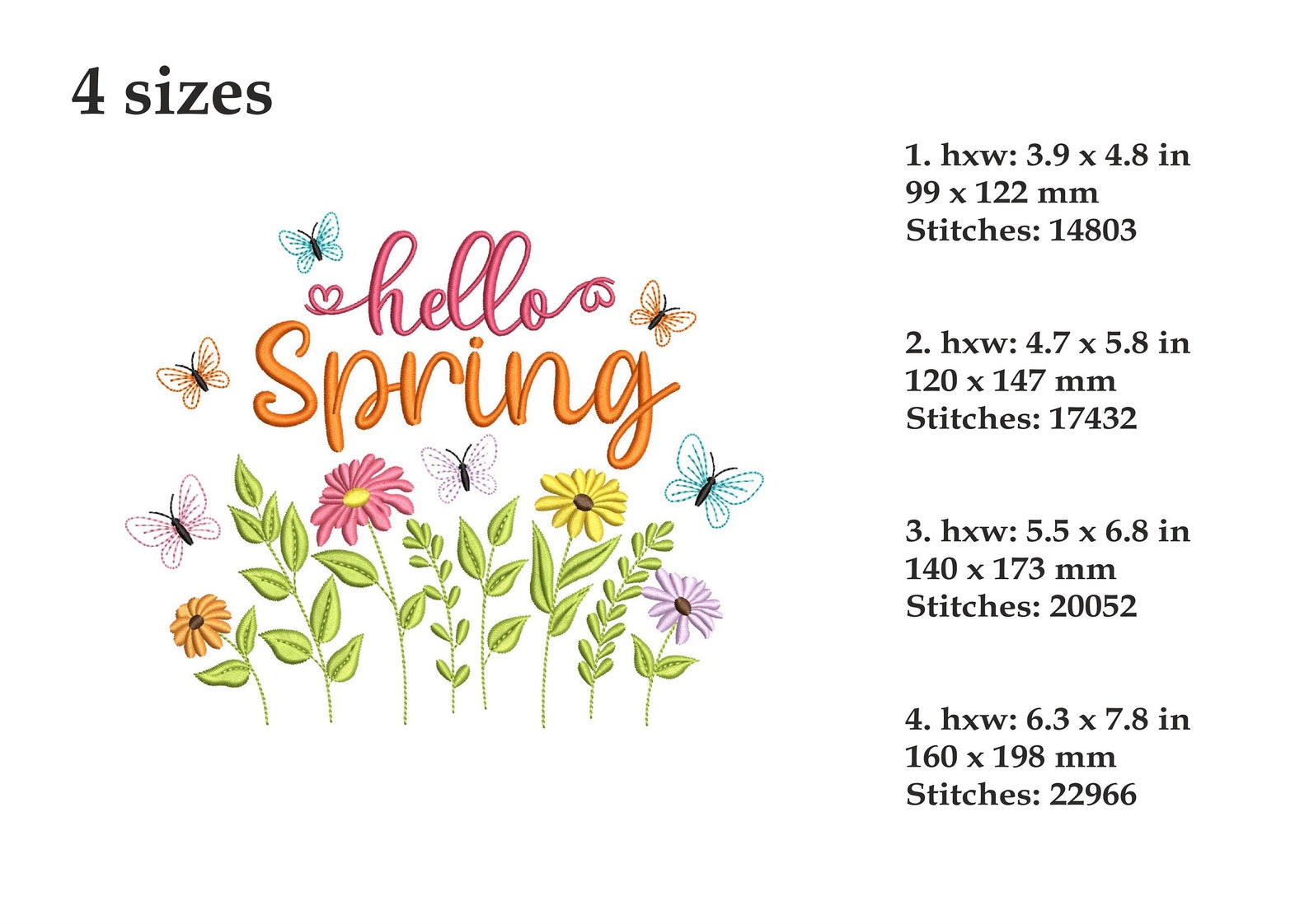 Hello Spring Embroidery Design, 4 Sizes, Instant Download - Etsy