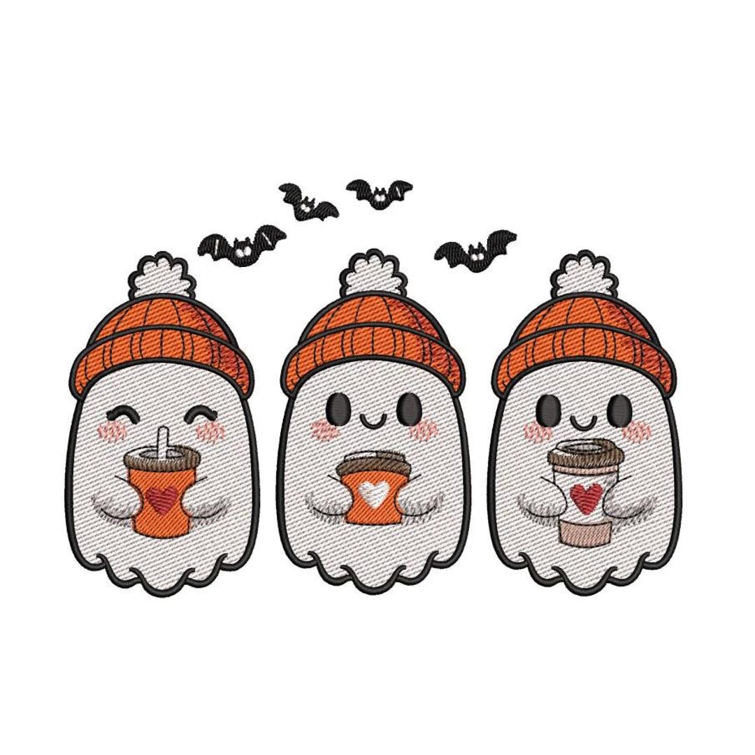Cute Ghosts With Coffee Embroidery Design, Spooky Ghost Halloween ...
