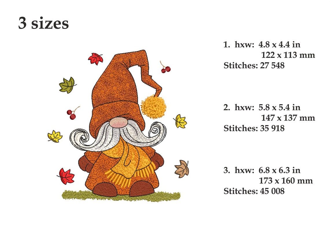 Autumn Gnome Embroidery Design 3 Sizes Instant Download - Etsy