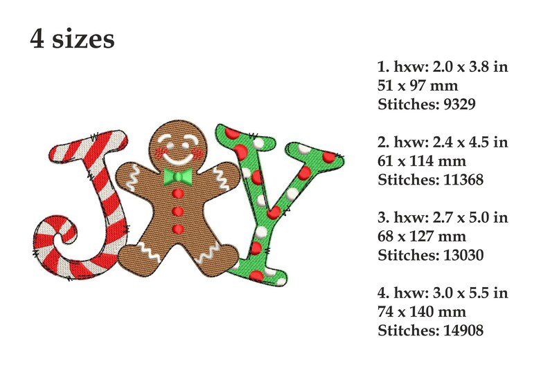 Joy Embroidery Design, Christmas Gingerbread Embroidery File, 4 Sizes ...