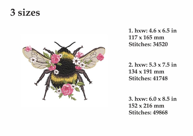 Floral Bumblebee Machine Embroidery Design, 3 Sizes, Instant Download ...