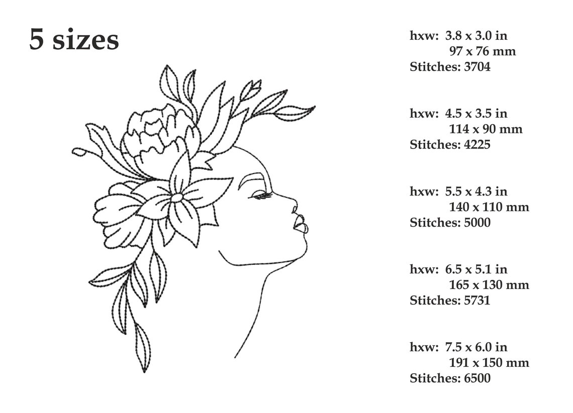 Woman With Flowers Embroidery Design, Line Art Embroidery Design, 5 ...