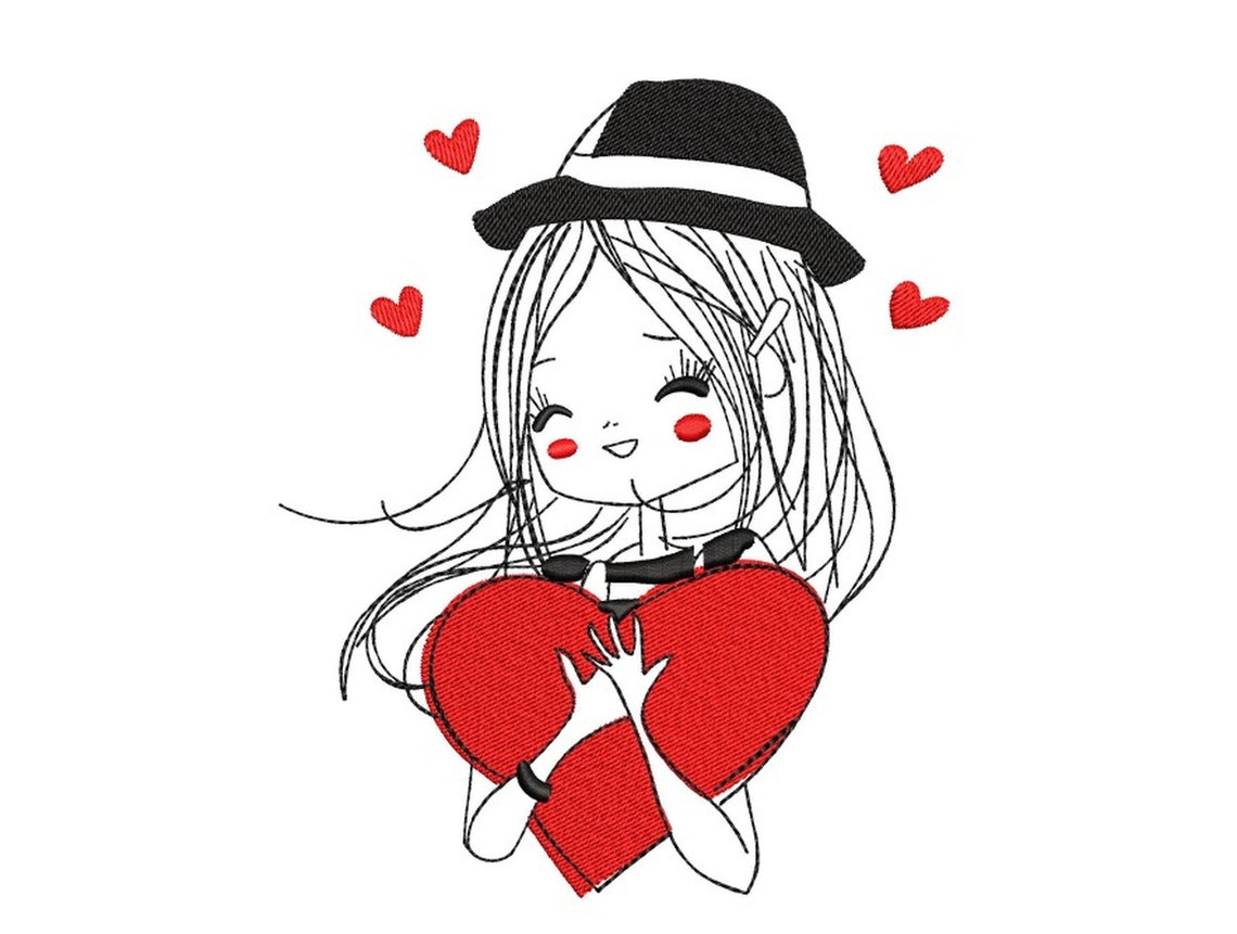 Cute Girl With a Heart Embroidery Design Valentine's Day | Etsy