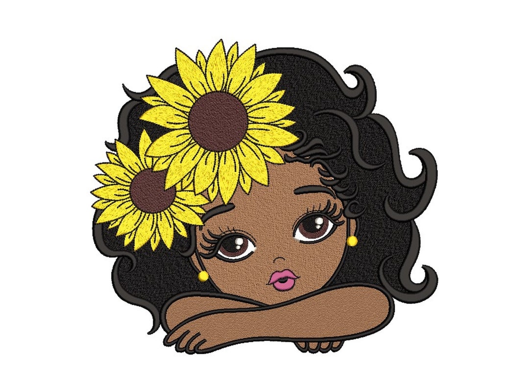 Sunflower Girl Embroidery Design, Black African American Kids ...