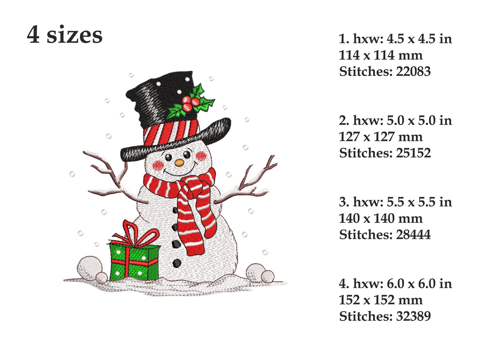 Snowman Embroidery Design, Christmas Embroidery File, 4 Sizes, Instant ...