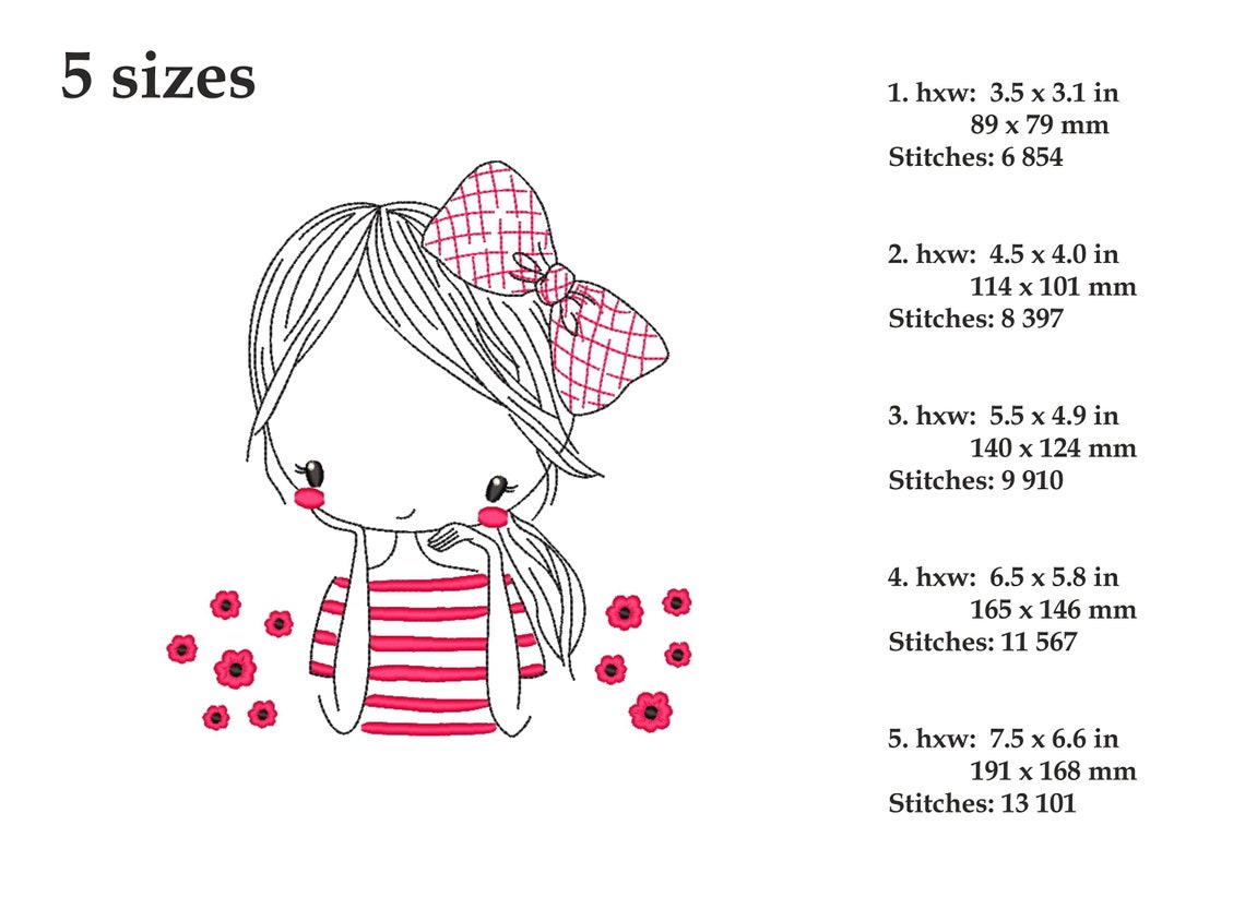 Cute Girl Embroidery Design 5 Sizes Instant Download - Etsy