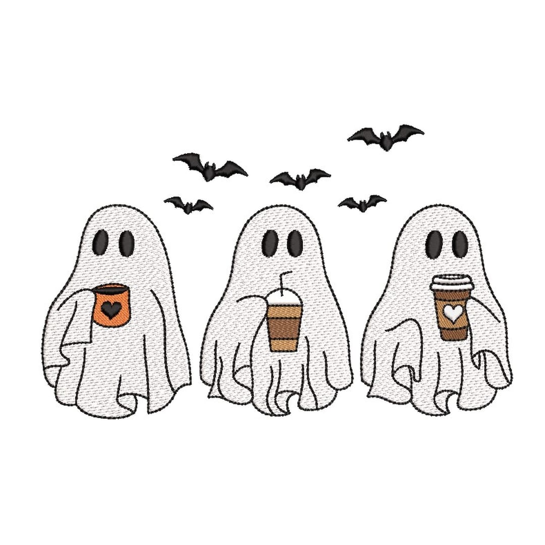 Ghosts Drinking Coffee Embroidery Design, Cute Halloween Ghosts ...