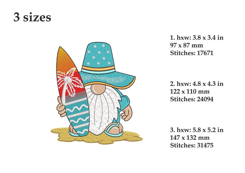 Summer Surfer Gnome Embroidery Design, 3 Sizes, Instant Download - Etsy