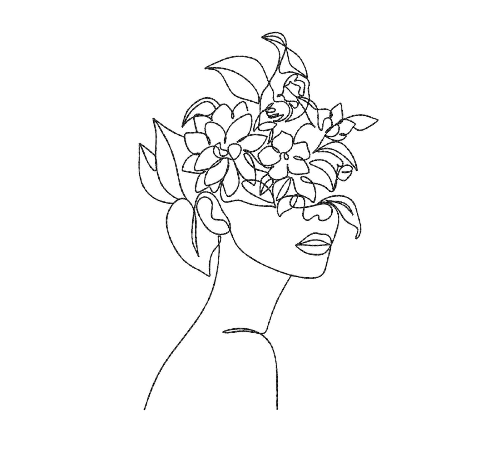 Woman With Flowers Embroidery Design One Line Art Embroidery - Etsy
