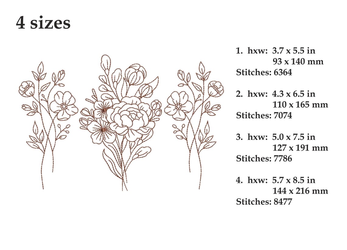 Flowers Line Art Machine Embroidery Design, 4 Sizes, Instant Download ...
