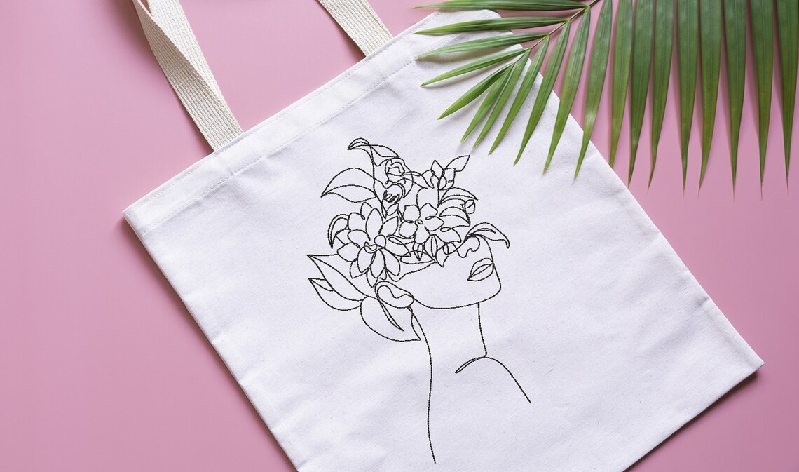 Woman With Flowers Embroidery Design, One Line Art Embroidery Design, 8 ...