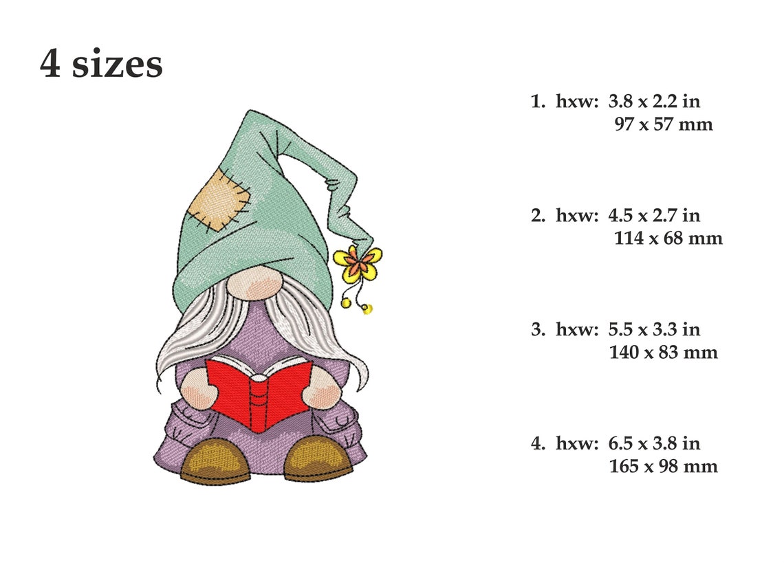 Reading Gnome Embroidery Design 4 Sizes Instant Download - Etsy