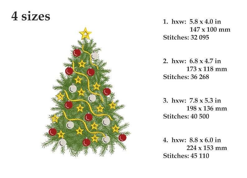 Christmas Tree Embroidery Design, 4 Sizes, Instant Download - Etsy